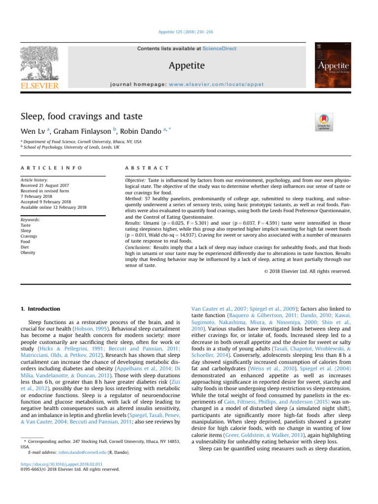 SEMINÁRIO2 Artigo - Sleep, Food Cravings and Taste | PDF | Taste | Sleep