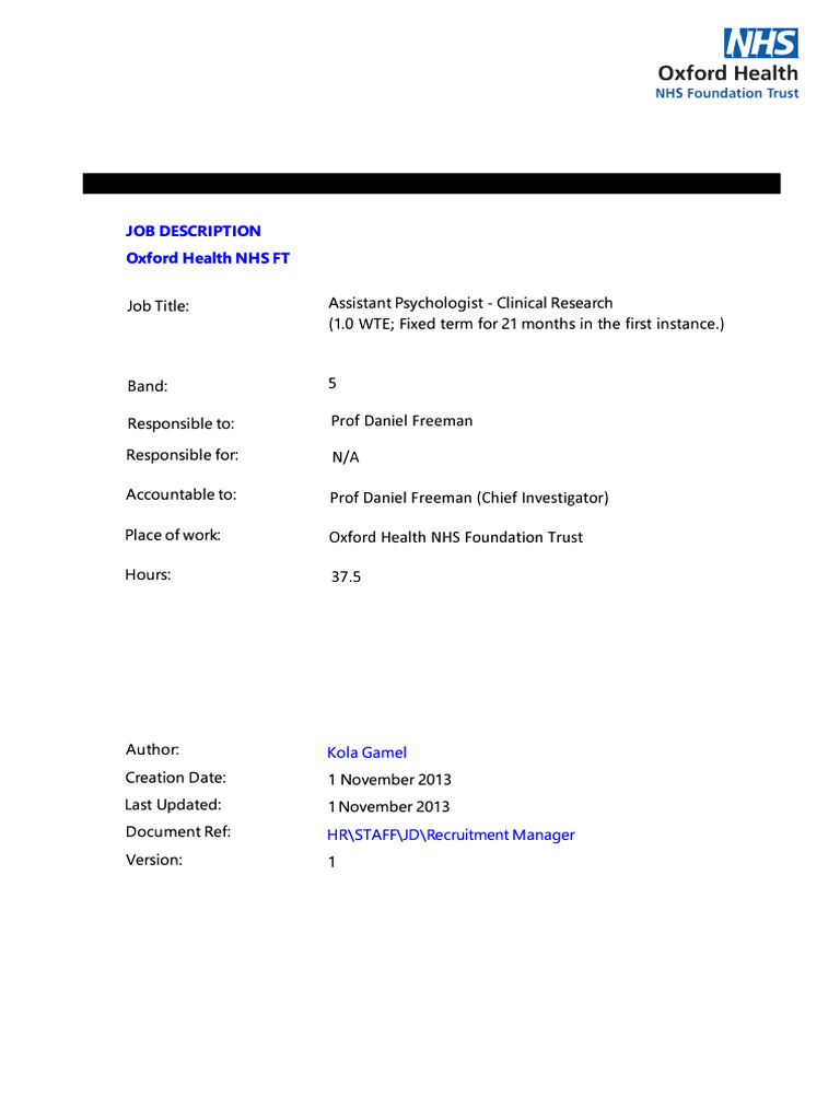 Assistant Psychologist Job Description | PDF | Psychology | Confidentiality