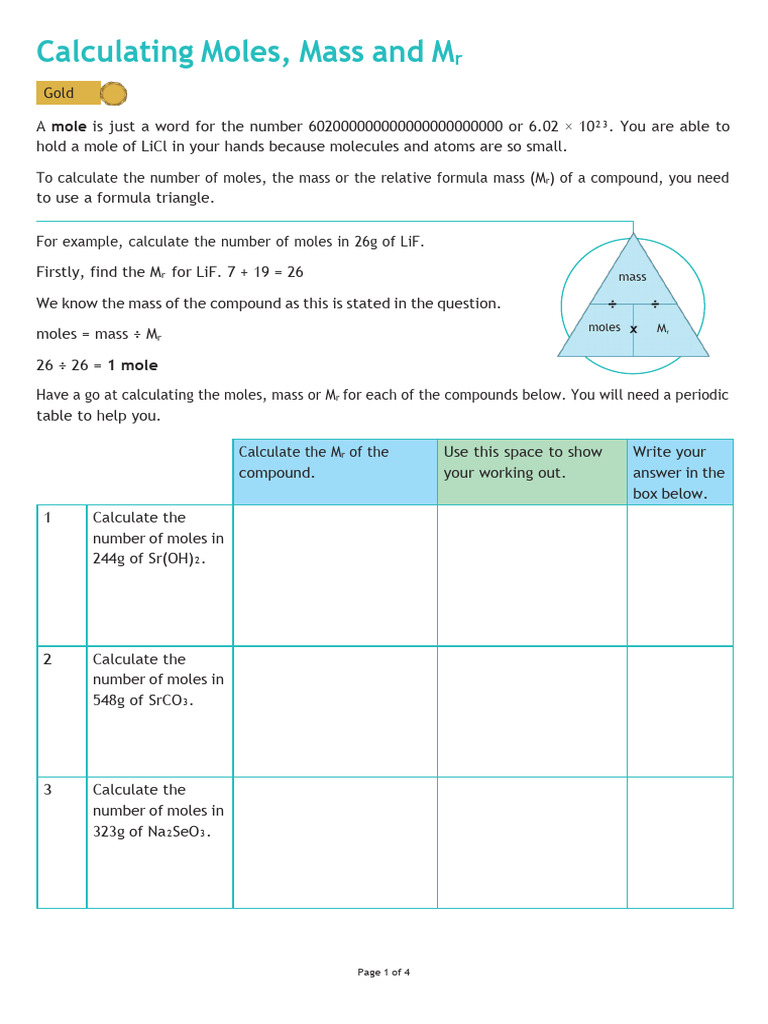 Calculating Moles Mass and MR Gold Activity Sheet-1-4 | PDF | Mole ...