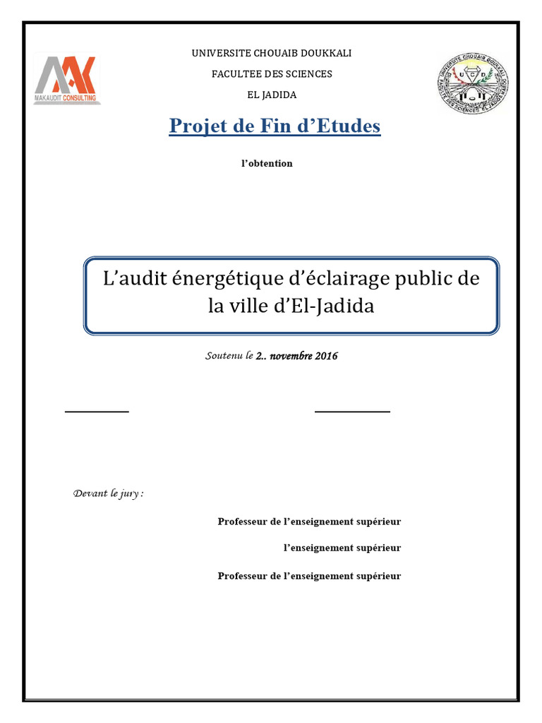 Projet de Fin D'etudes: L'audit Énergétique D'éclairage Public de La Ville d'El-Jadida | PDF ...