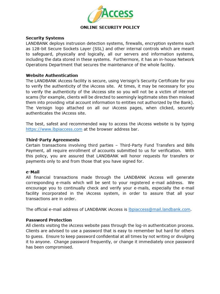 LANDBANK Iaccess ONLINE SECURITY POLICY | PDF | Password | Phishing