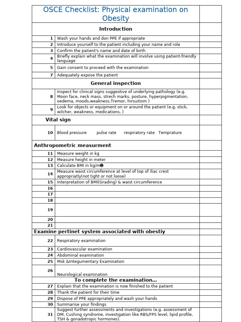 OSCE Checklist for Obesity Examination | PDF