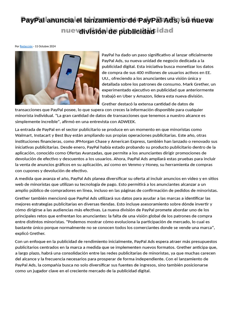 Paypal Anuncia El Lanzamiento de Paypal Ads, Su Nueva División de ...
