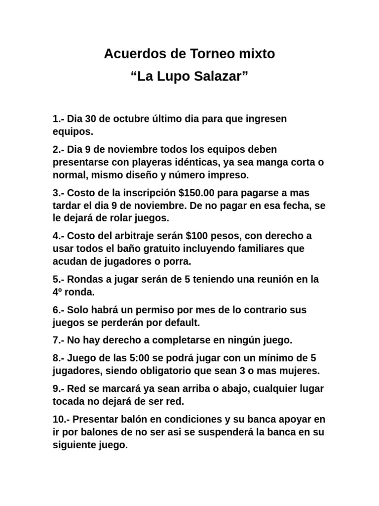 Reglas del Torneo Mixto "La Lupo Salazar" | PDF