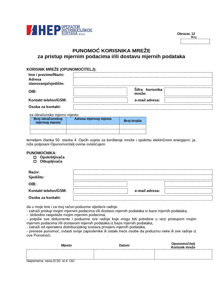 Obrazac 12 Punomoc Korisnika Mreze - Pristup Mjernim Podacima I Dostava ...