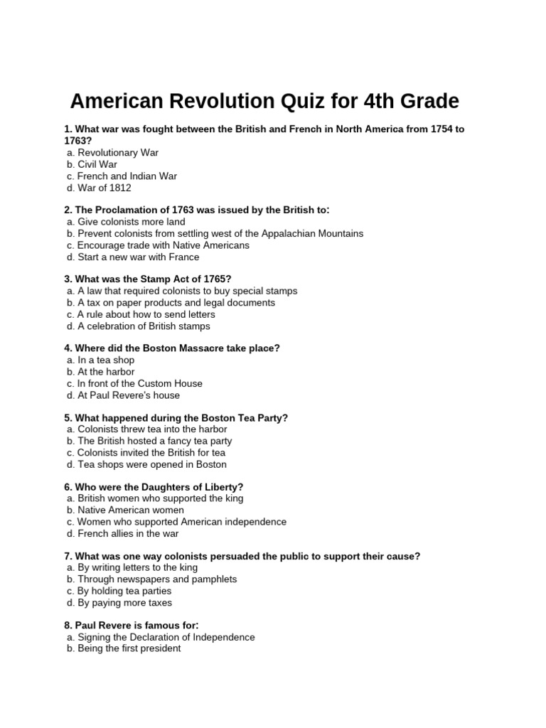 Early American History Quiz For 4th Grade | PDF | American Revolution ...