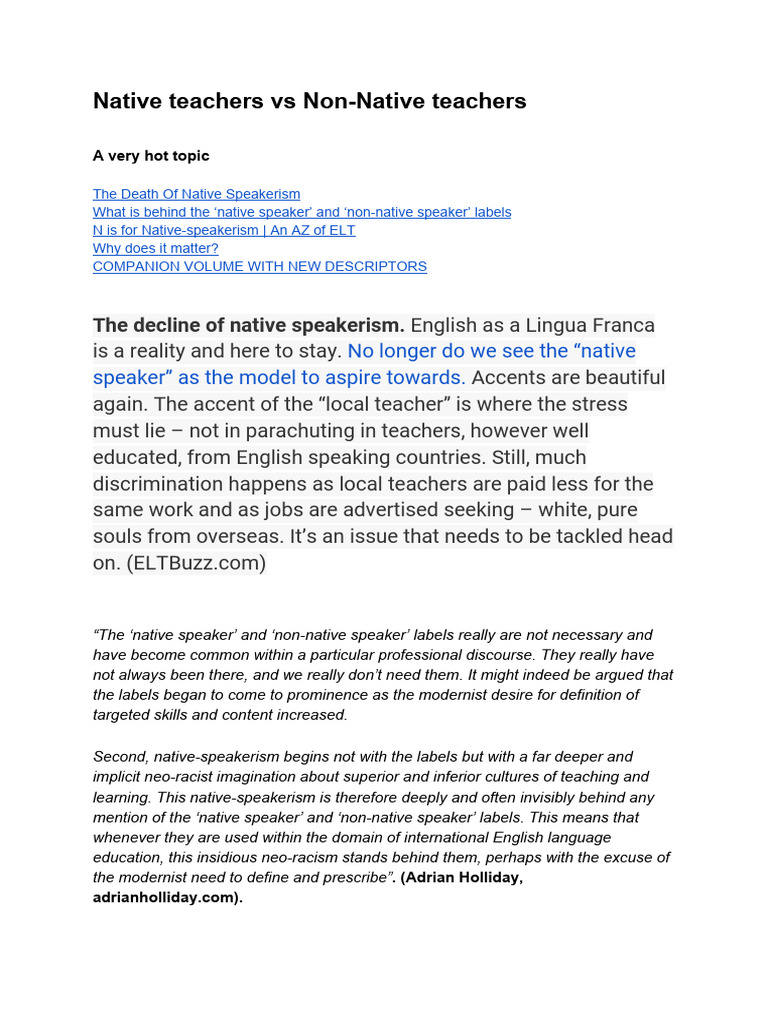 Native Teachers Vs Non-Native Teachers | PDF | English As A Second Or ...