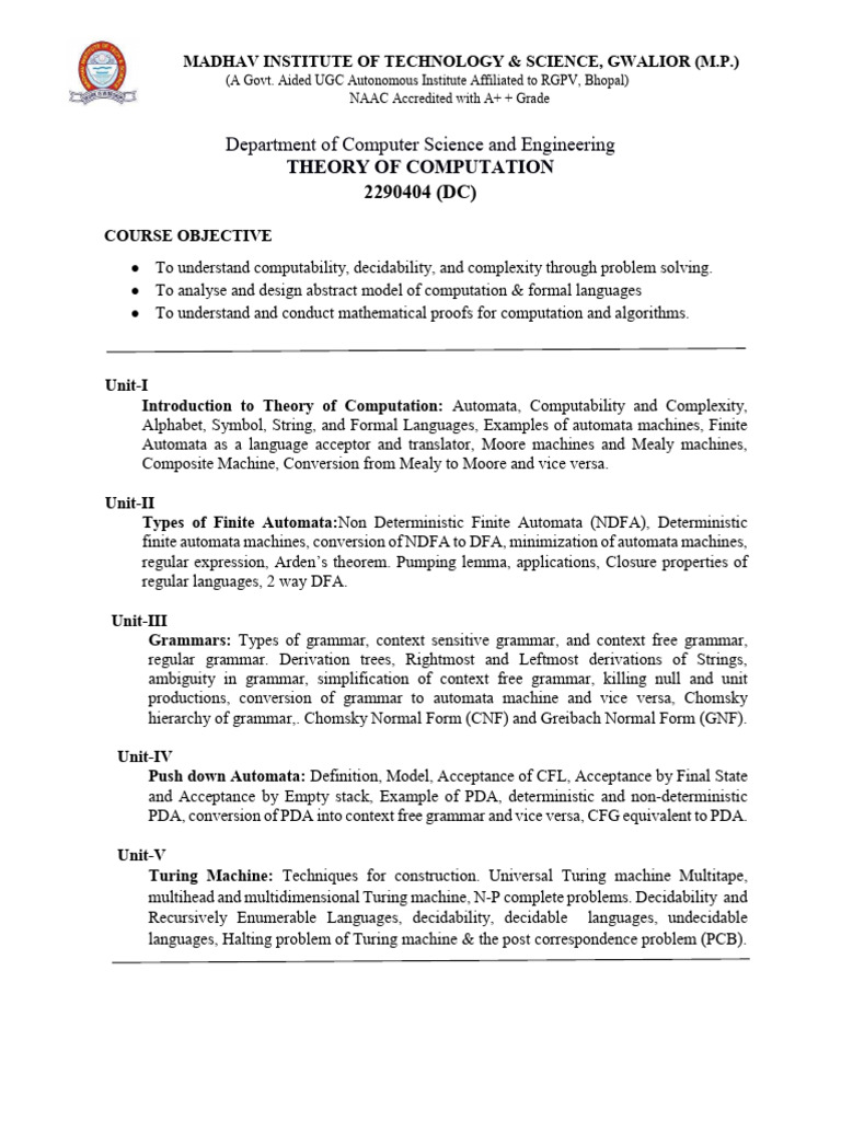 Syllabus and Cos - Jan 2024 - TOC | PDF | Automata Theory | Theory Of Computation