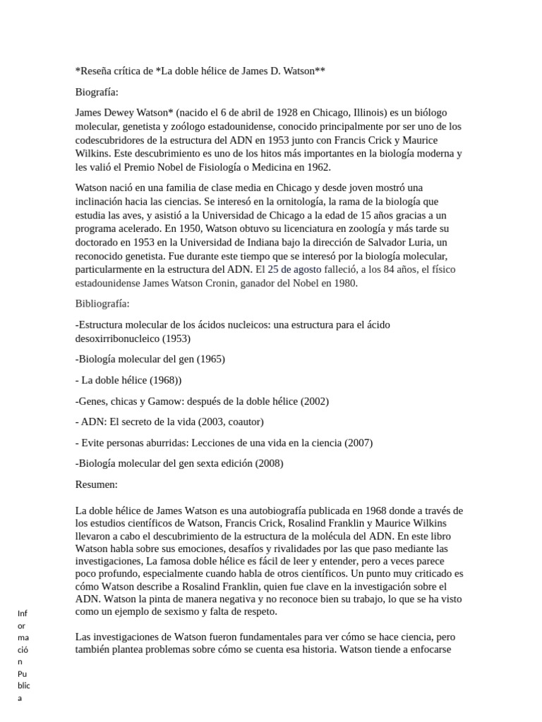 Reseña Crítica | PDF | James Watson | Francis Crick