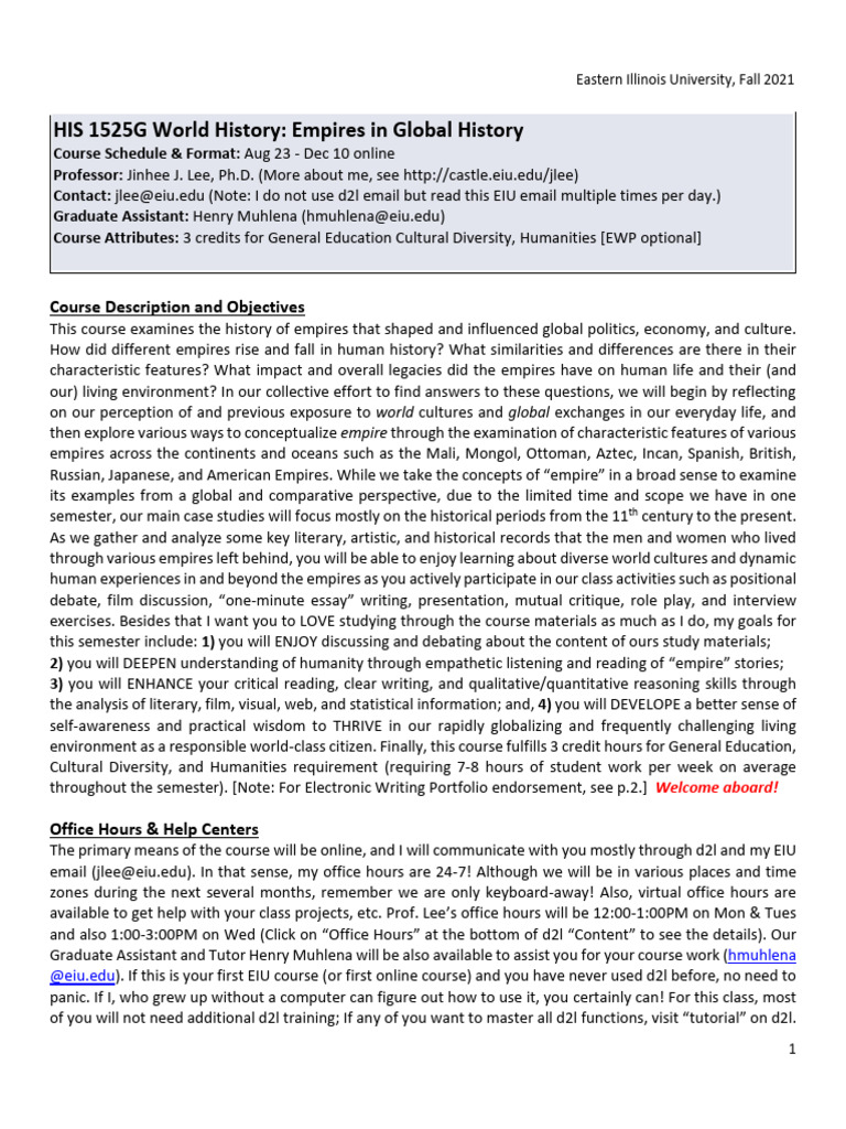 HIS1525G Syllabus FA21 Lee | PDF | Quiz