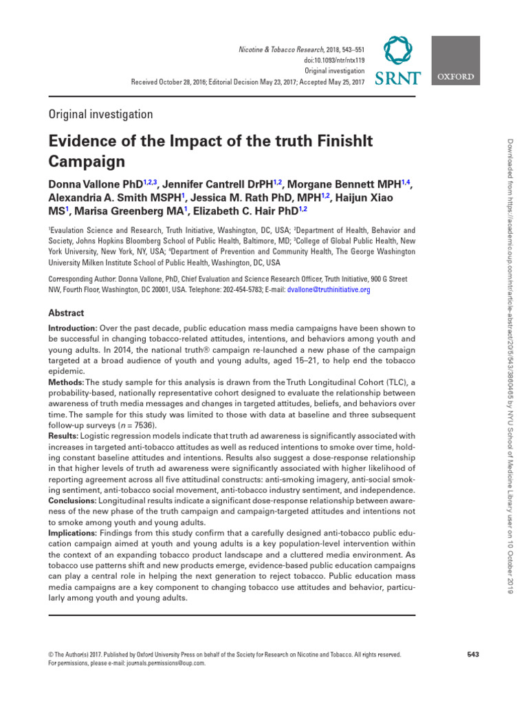 Evidence of The Impact of The Truth FinishIt Campaign. Nicotine ...