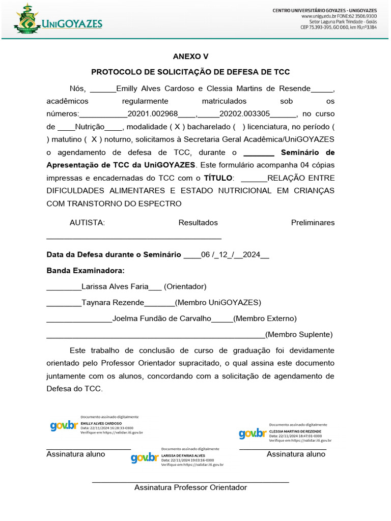 ANEXO V PROTOCOLO DE SOLICITACAO DE DEFESA DE TCC 1 - Assinado - Assinado - Assinado | PDF