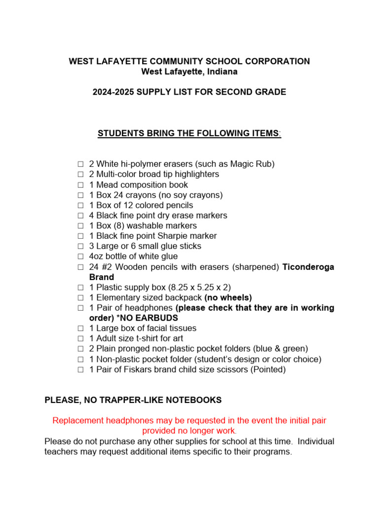 2024-2025 Second Grade Supply List | PDF