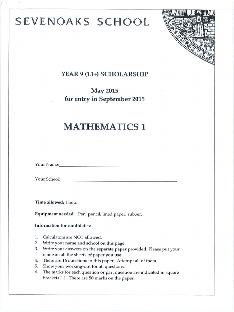 Sevenoaks 2015 Maths Paper 1 | PDF