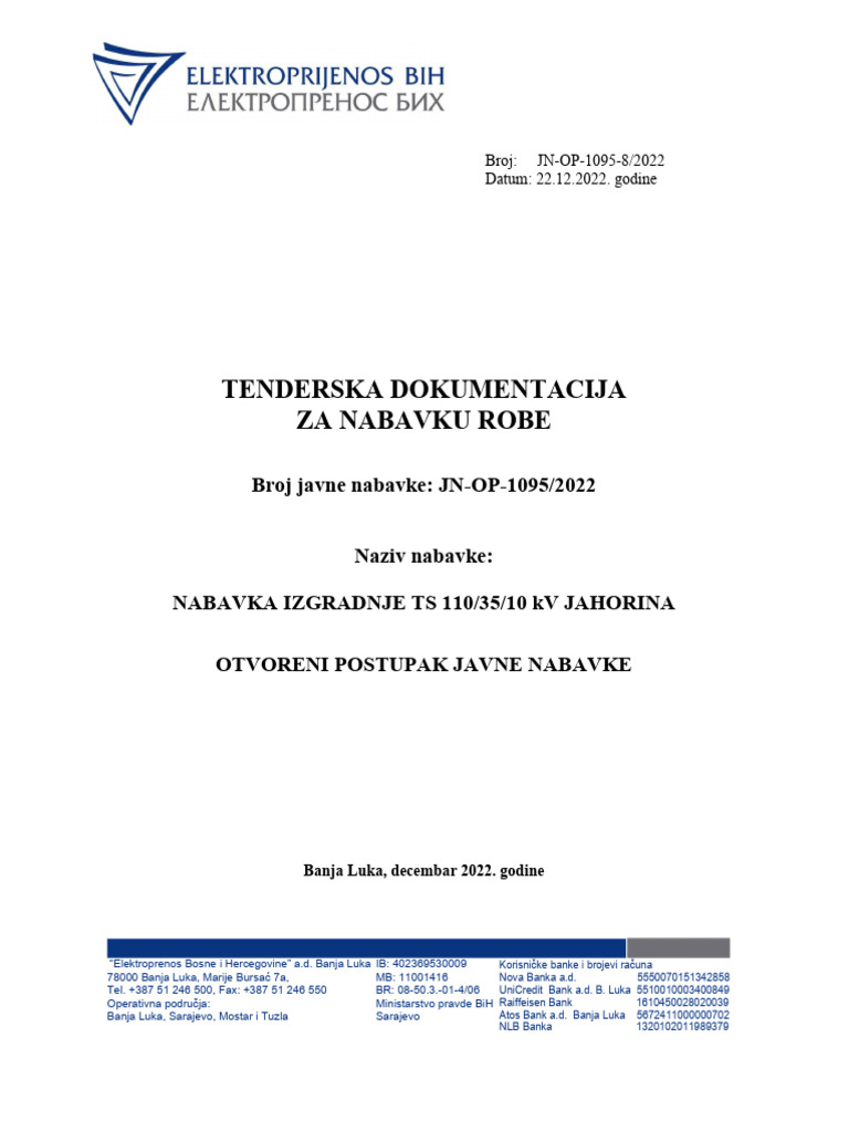 JN-OP-1095-8 - Tenderska Dok. Nabavka Izgradnje TS Jahorina | PDF