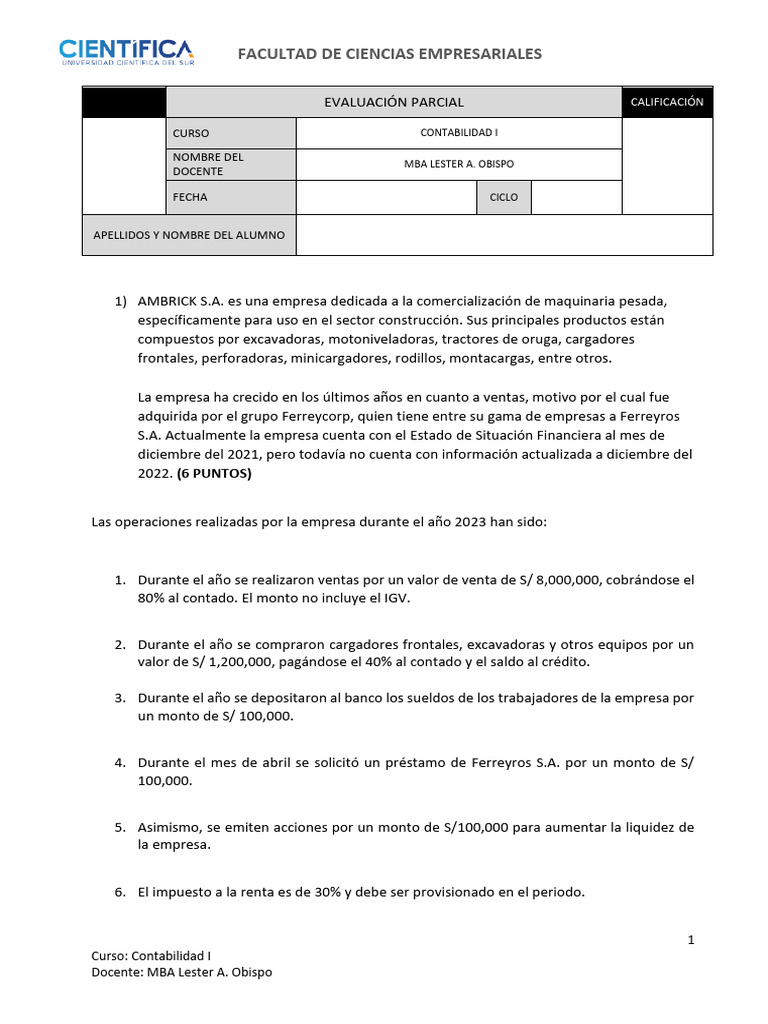 Evaluación Parcial - Contabilidad I - 2A | PDF | Contabilidad | Business