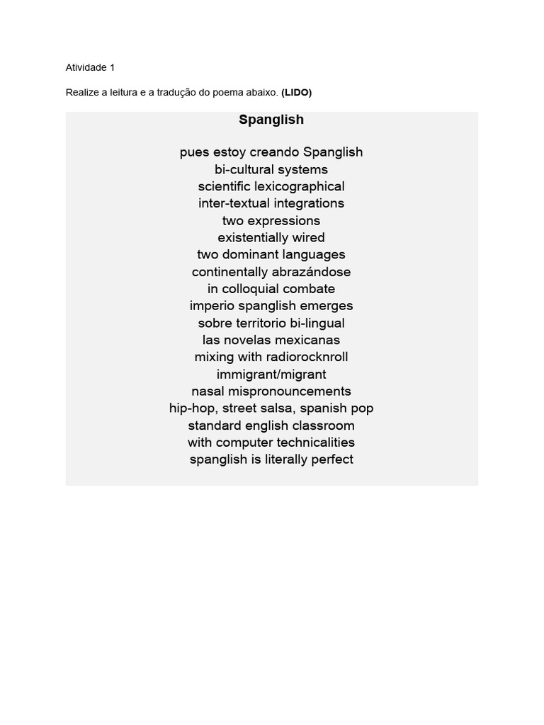 Spanglish Poem Translation Activity | PDF