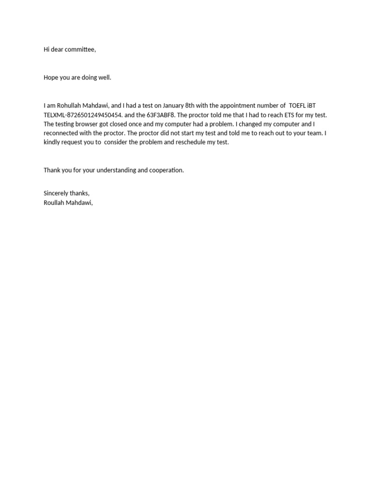 Request to Reschedule TOEFL Test | PDF