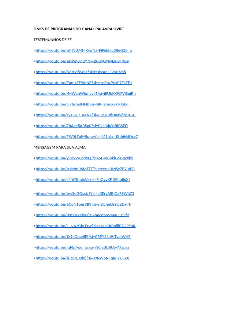 Links de Programas Do Canal Palavra Livre | PDF