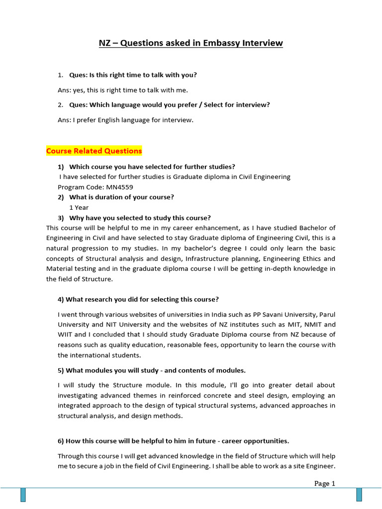 NZ Visa Interview Questions Overview | PDF | Loans | Academic Degree