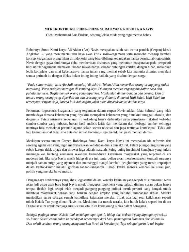 Esai - Merekonstruksi Surau Aa Navis - Muhammad Aris Firdaus | PDF
