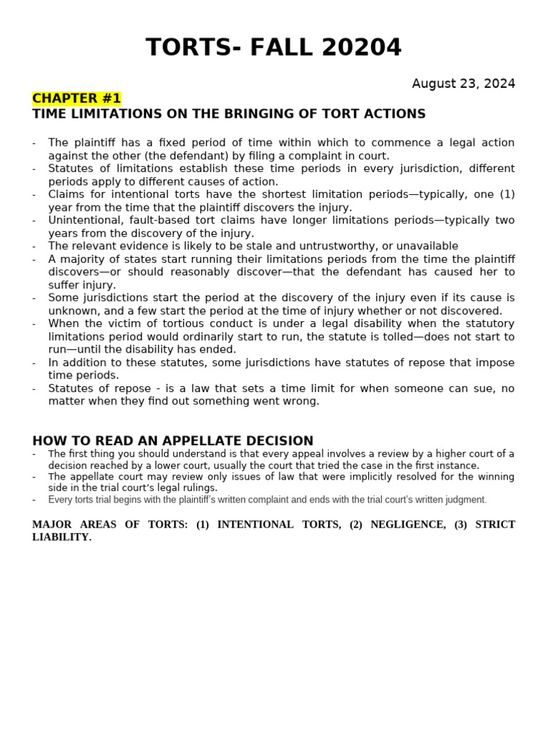 Torts Notes - Book and Class Notes | PDF | Negligence | Tort