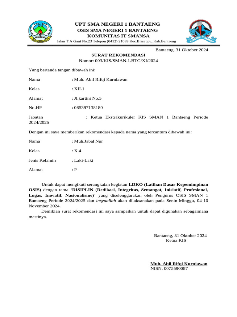 Salinan Dari Surat Rekomendasi Ketua Eskul-4 | PDF