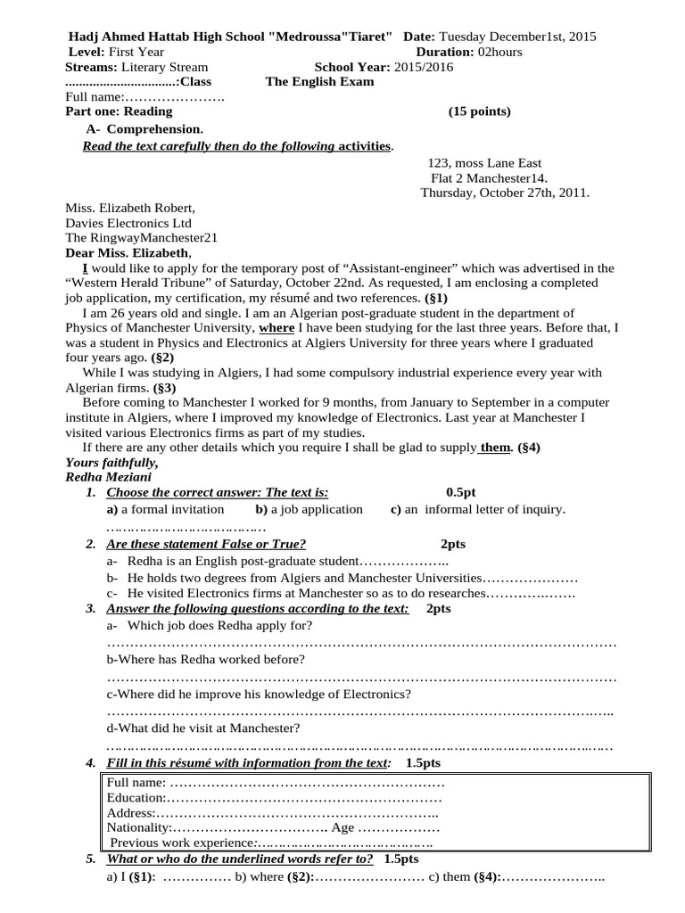 Exam 1first Year For Literary Stream | PDF | Internet Protocol Suite ...