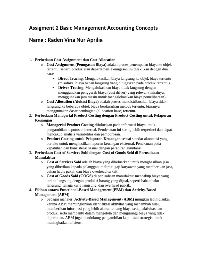 Assigment 2 Basic Management Accounting Concepts | PDF
