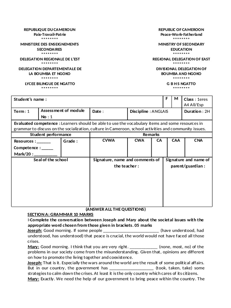 EVALUATION 1ere | PDF | Female Education | Cameroon EVALUATION 1ere | PDF | Female Education | Cameroon