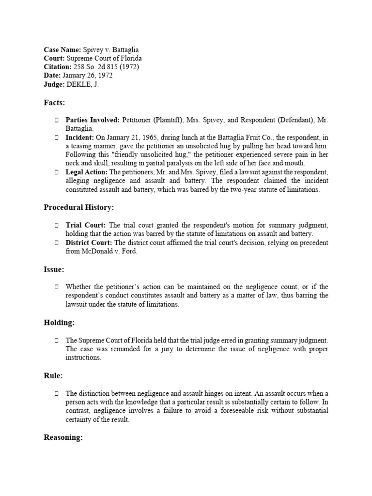 Case Brief Spivey v. Battaglia | PDF | Negligence | Lawsuit
