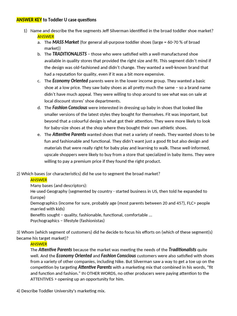 Answer Key To Toddler U Case Questions | PDF | Marketing | Business ...
