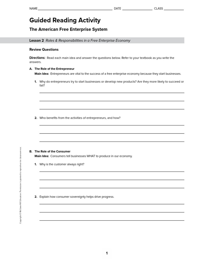 Guided Reading Activity, The American Free Enterprise System, Lesson ...