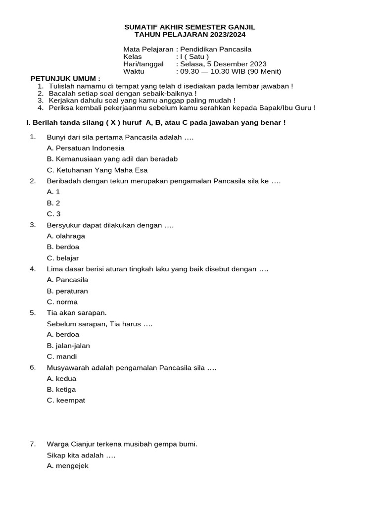 Soal SAS Semester 1 Kelas 1 Pendidikan Pancasila | PDF