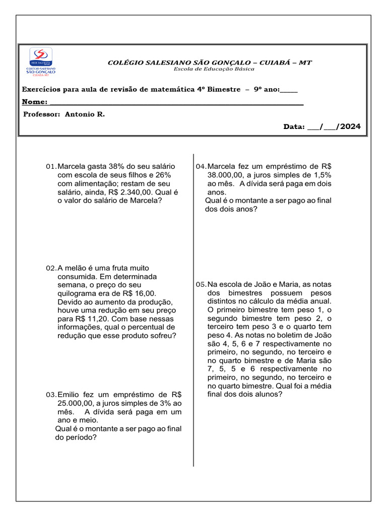 Exerc¿cios Aula de Revis¿o de Matematica 4 Bimestre-1 | PDF | Triângulo | Média