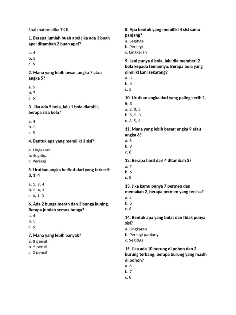 Soal Matematika TK B | PDF