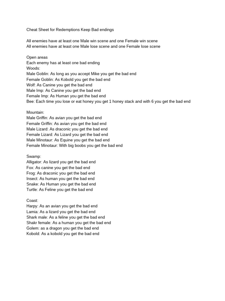 Redemptions Keep Cheat Sheet Endings V 0.3 | PDF | Domesticated Animals