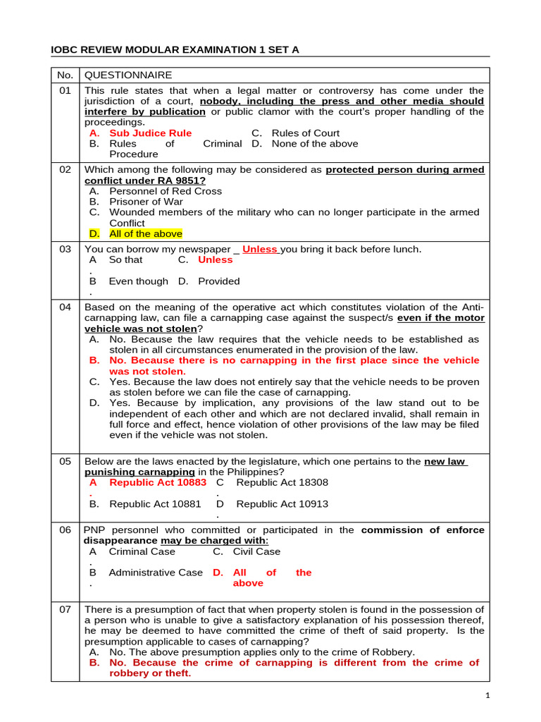 IOBC Modular Exam Review Questions | PDF | Robbery | Crimes