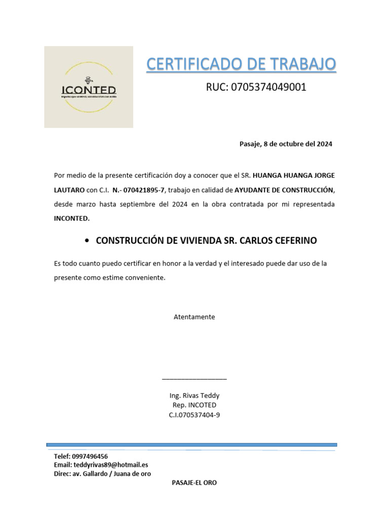 Certificado de Trabajo Incoted | PDF