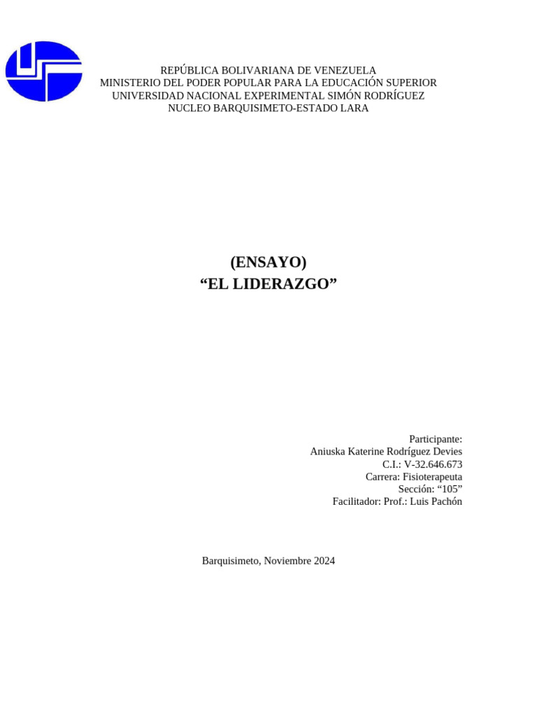 Ensayo Del Liderazgo Aniuska Rodriguez | PDF | Liderazgo | Poder ...