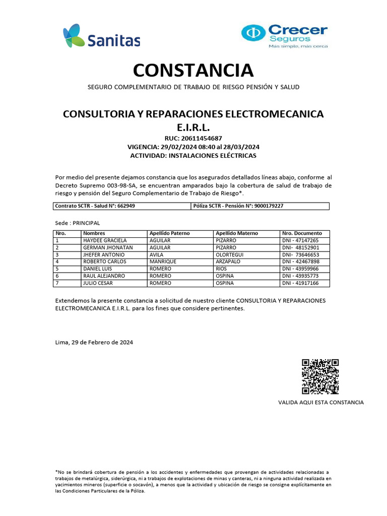 Constancia SCTR 2024 Marzo | PDF | Póliza de seguros | Seguro