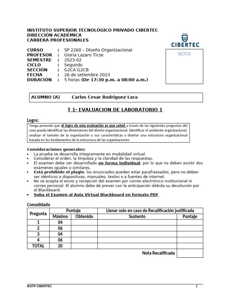 2260 SP Diseño Organizacional G2CB G2CA 00 EV LAB 1 Gloria Lazaro Ticse ...