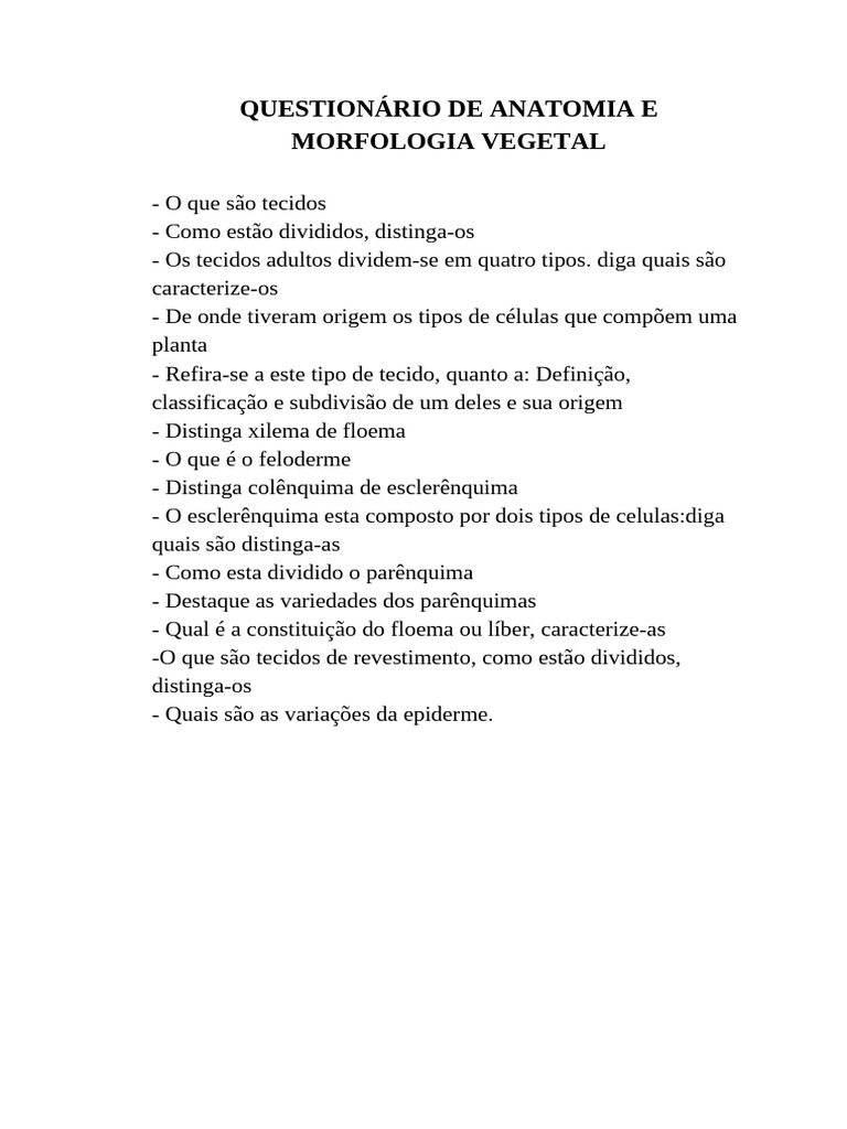 Questionário de Anatomia e Morfologia Vegetal Tecidos | PDF