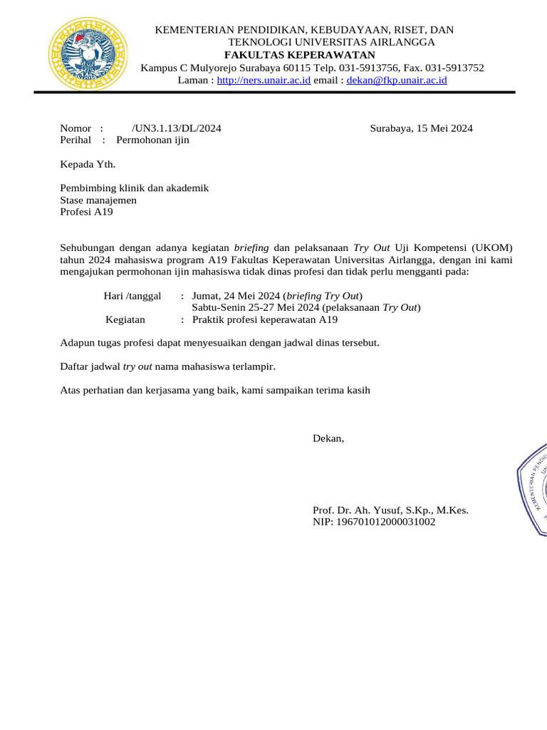 Surat Ijin TO UKOM A19 | PDF