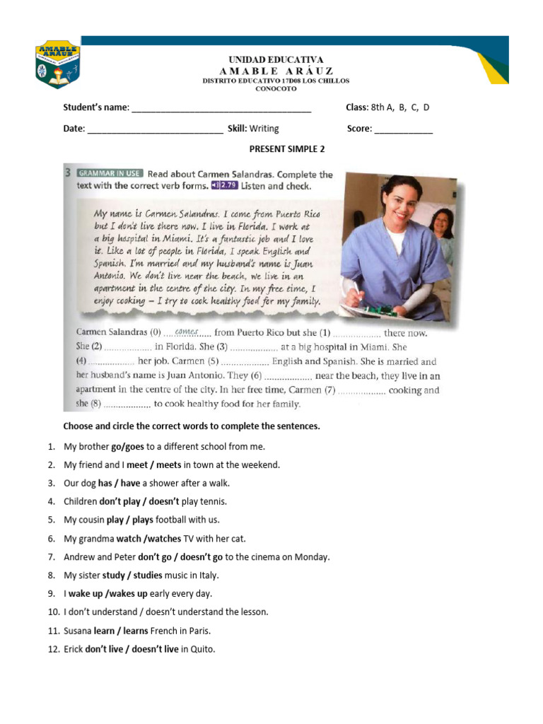 Present Simple Exercise for 8th Grade | PDF