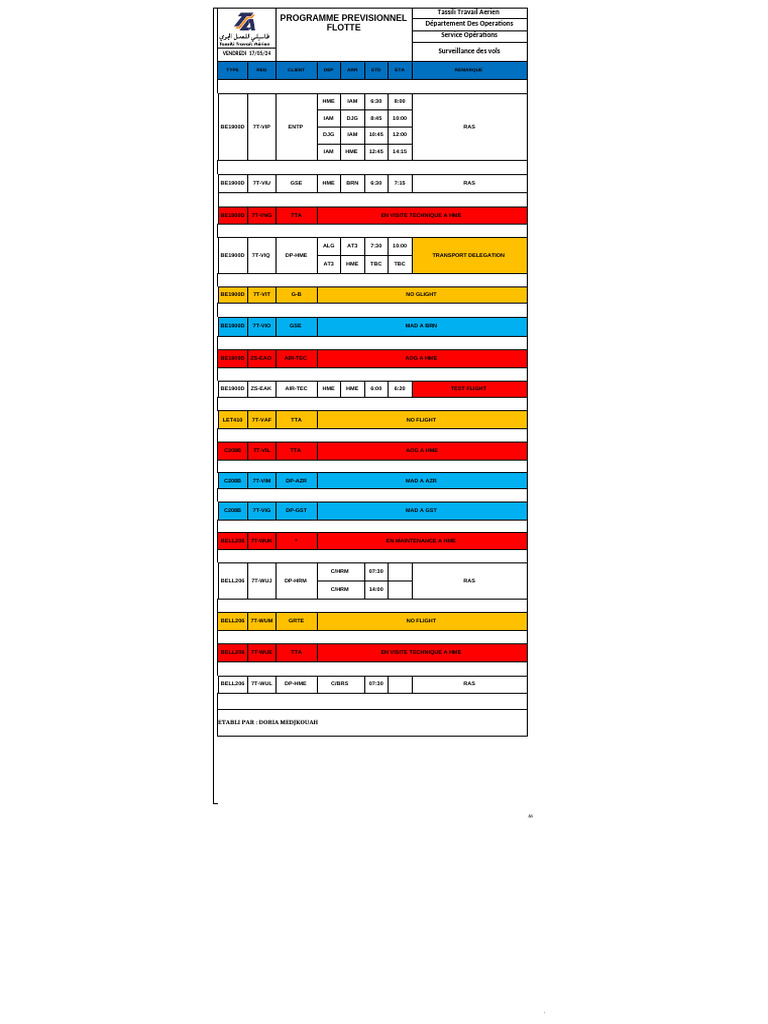 VENDREDI 17/05/24: Type REG Client DEP ARR ETD ETA Remarque | PDF