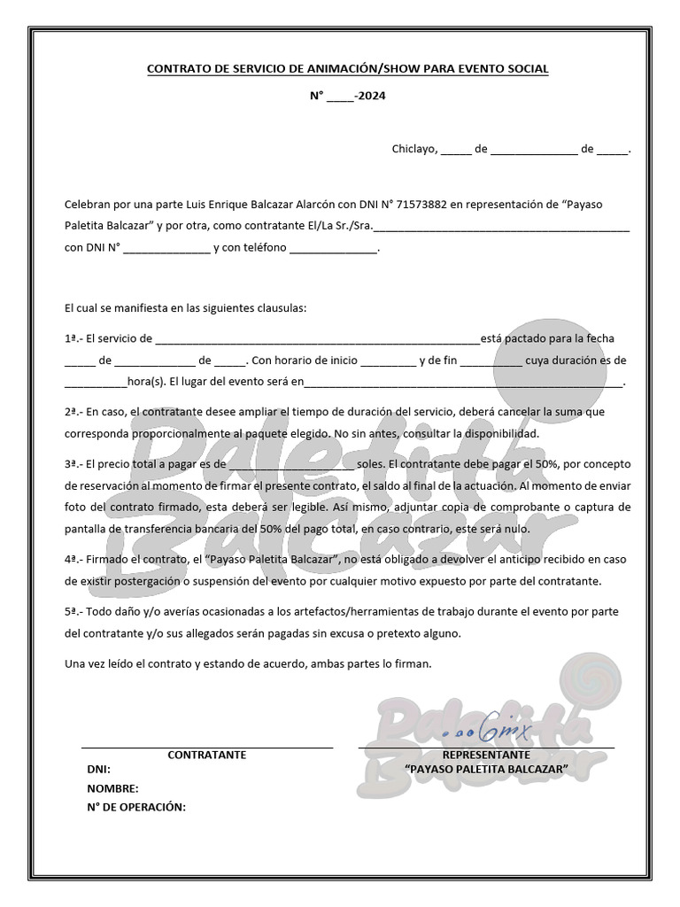 Contrato de Servicio de Animación para Evento Social | PDF