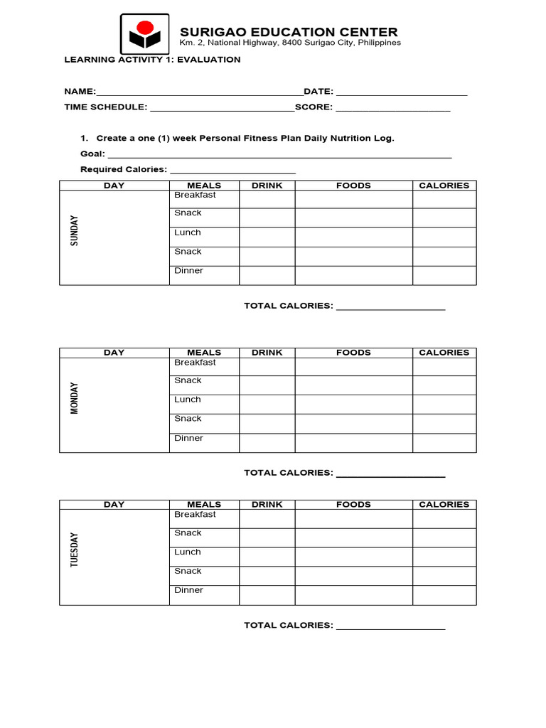 Blank Nutrition Log Form | PDF | Meal | Lunch