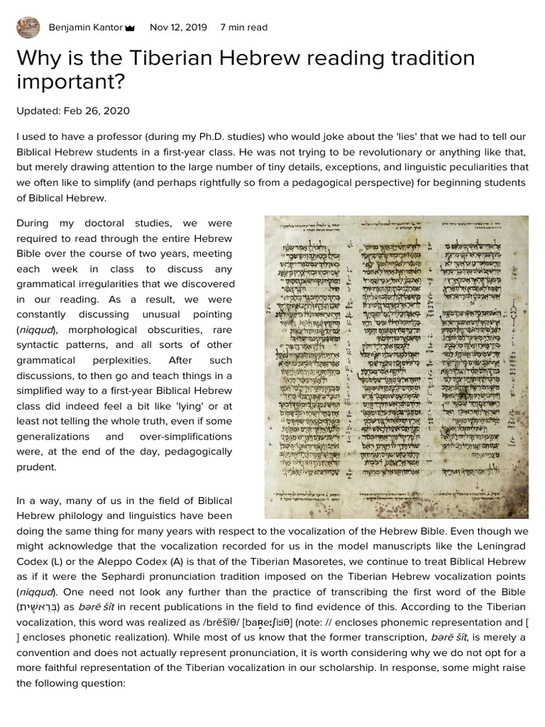 #Art. CANTOR, Benjamin - Why Is The Tiberian Hebrew Reading Tradition Important | PDF | Bible ...