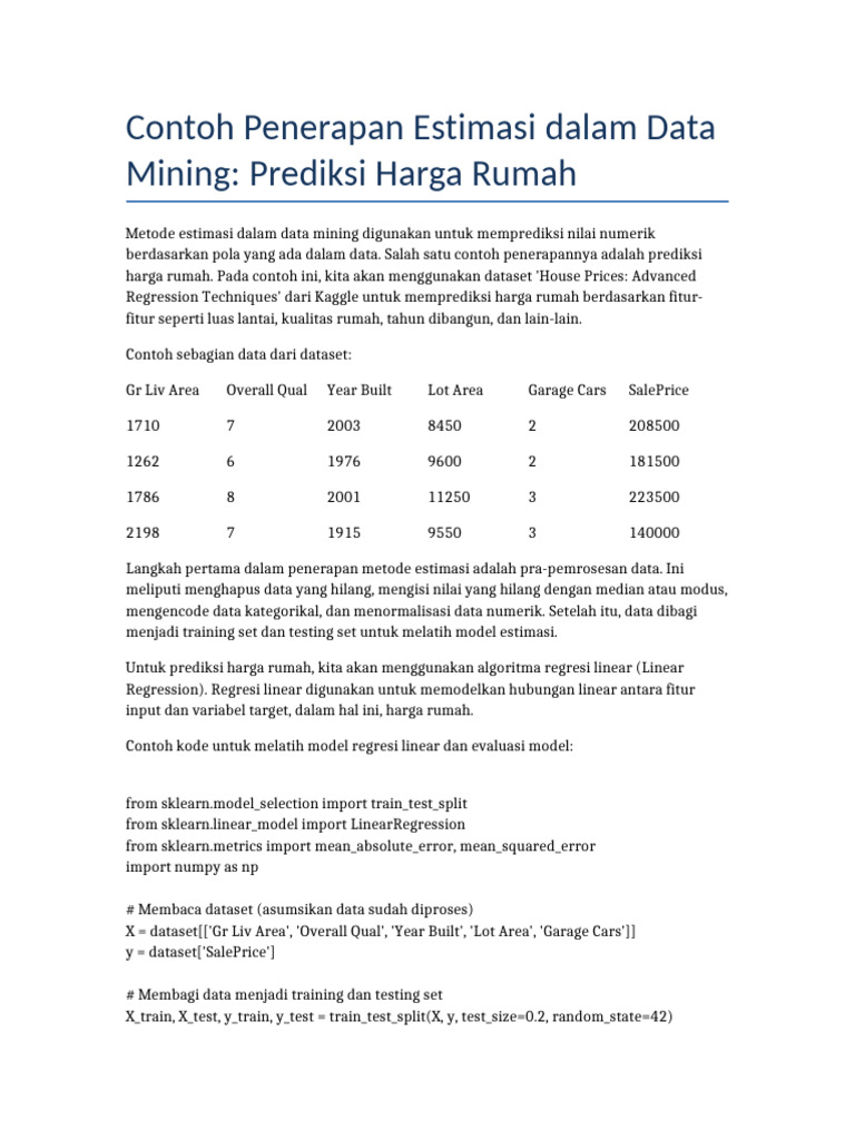 Estimation Method Example Prediction Price House | PDF